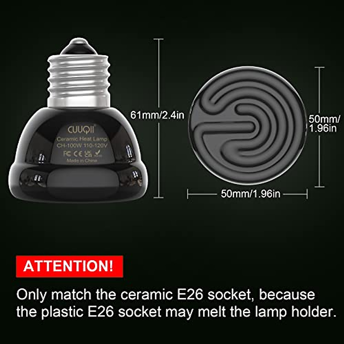 CUUQII 2 Packs Reptile Heat Lamp Ceramic Emitter, 100W Heat Lamp Bulbs Ceramic Heat Lamp No Light Emitting Chicken Coop Heater for Amphibian Pet Incubating Chick Reptile Heater-E26/E27 Base