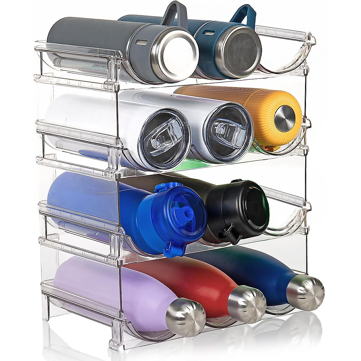 Shelfora 4-Tier Stackable Water Bottle Organizer for Cabinet – Clear Holder for Tumblers, Cups, Travel Mugs, Wine Bottles – Home Kitchen and Refrigerator Storage – Holds 12 Bottles