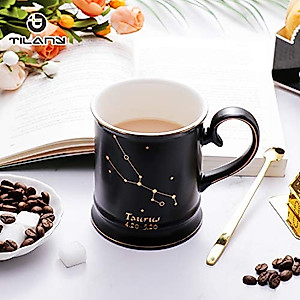 TILANY Ceramic Coffee Mug With Constellation Design - Black Tea Mugs With Golden Spoon & Tea Infuser - Large Porcelain Cups - Coffee Pottery Cup With Zodiac Sign - 13.5oz Cup Gift Set (Taurus)