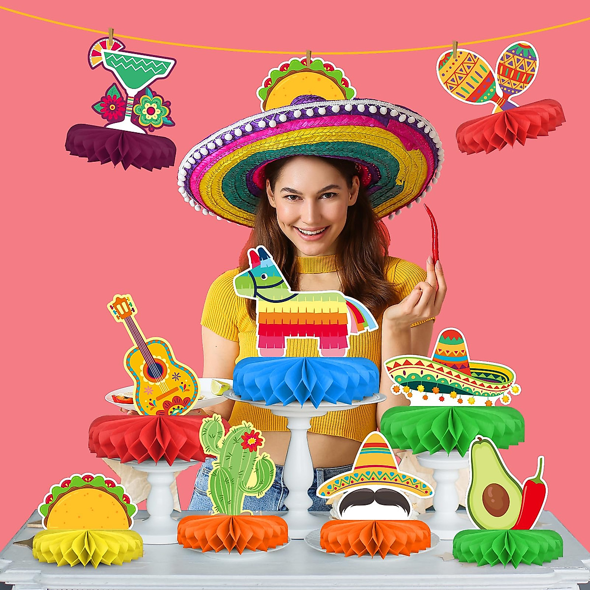 Fiesta Party Decorations - Authentic Mexican Themed Honeycomb Centerpiece for Cinco De Mayo, Taco Parties, Birthdays & Day of the Dead Celebrations