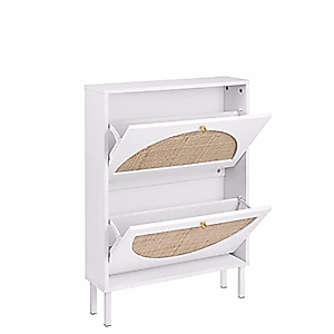 Natural Rattan Shoe Cabinet with 2 Flip Drawers, Entrance Hallway Slim Entryway Shoe Organizer, White Shoe Rack Storage Cabinet for Modern Heels, Boots, Slippers