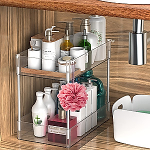 Under Sink Organizer, 2 Tier Thicken Bathroom Under Sink Organizers and Storage with Wheel Hook, Strong Bath Kitchen Home Countertop Cabinet Standing Rack, Narrow Space Collection Basket, Clear Shelf