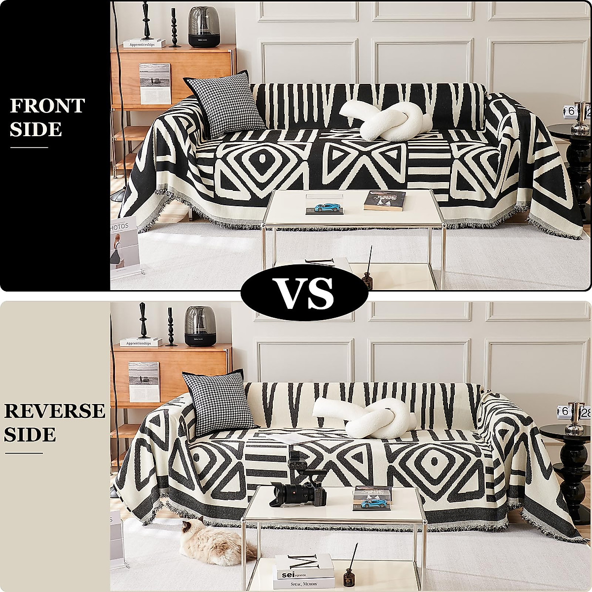 DREAMINGO Boho Sofa Covers for 3 Cushion Couch Chenille Couch Cover for Dogs Geometric Jacquard Sofa Slipcover Living Room Pet Furniture Protector Washable Sectional Couch Covers, 71"x150", Black