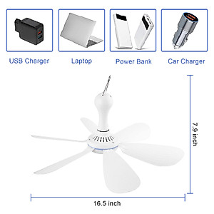 SCOOYEEES Silent USB Powered Ceiling Fan with Remote Control Timing 4 Speed, Quiet Small DC Plug in Ceiling Fan Hanging Fan for Camping Bed RV Tent Canopy Room