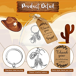 151 Pcs Cowboy Western Party Favors Cowboy Keychain Western Keychain Cowboy Hat Boot Horse Shoe Keyring with Organza Bags Thank You Tags and Rope for Guests Engagement Western Party Favor Supplies