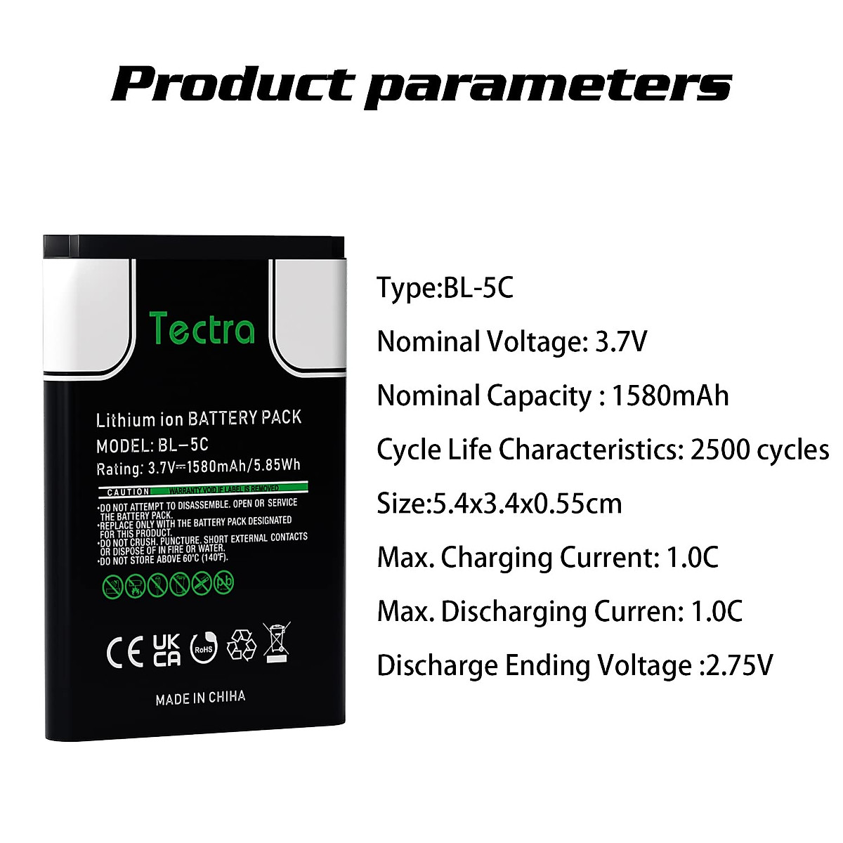 Tectra 2-Pack 1580mAh BL-5C Rechargeable Battery Suitable for Nokia Household Portable Radio with Overcharge Protection