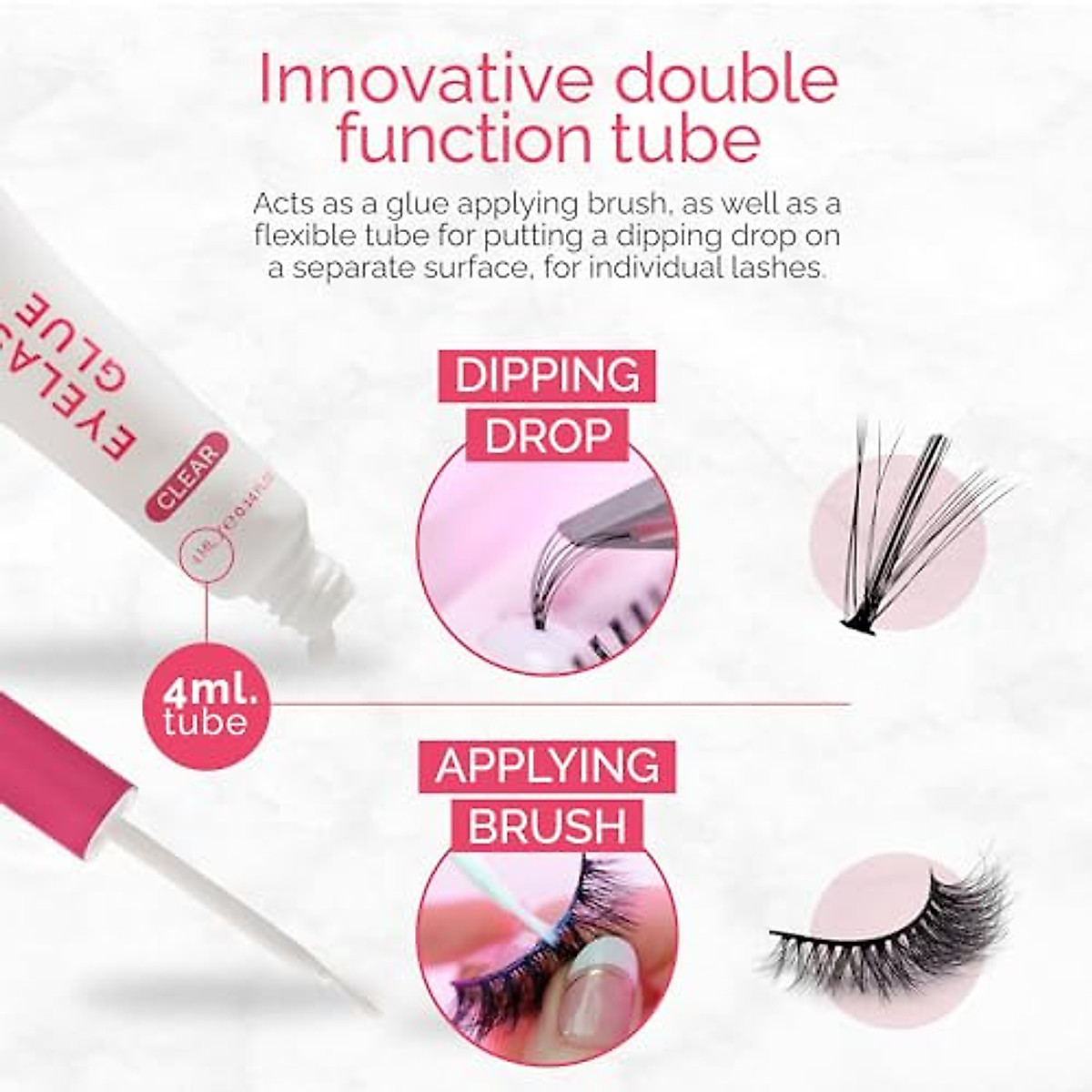 Renata Beauty Lash Glue for False Eyelash Extensions – 24 Hour Transparent Glue for False Lashes – Waterproof Cluster Lash Glue with Dual Function Flexible Brush Tube – Compatible with Glue Remover