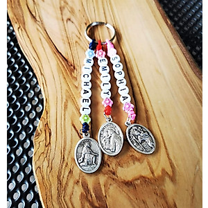 Custom Backpack Name Tags with Catholic Saint Medals - Personalized Bag Nametag