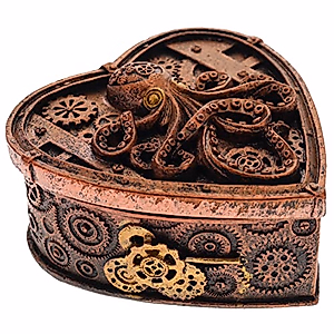 Top Brass Steampunk Octopus Heart Shaped Small Trinket Stash Jewelry Box Figurine - Unusual Eclectic Gothic Decor (Rustic Copper)
