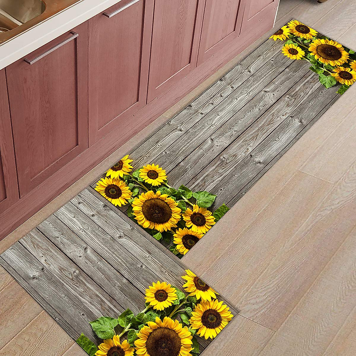 wanxinfu Kitchen Mat Set 2 Piece Kitchen Rugs, Yellow Sunflowers on Wooden Board Soft Waterproof Non-Slip Rubber Backing Floor Mats Doormat Bathroom Runner Area Rug Carpet, 15.7x23.6in + 15.7x47.2in