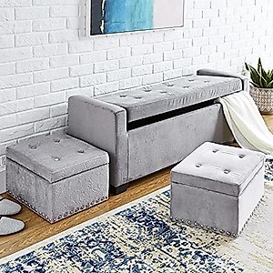FIRST HILL FHW Fancy 3-Piece Storage Ottoman Bench Set with Fabric Upholstery, Embossed Textured Velvet