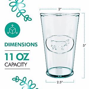 Amici Home Milk Glass | 11 Oz | Italian Made, Clear Recycled Glass with Green Tint | Cute Glass with Cow Motif for Milk, Water, Juice, Cocktails, Fresh Drinks (Set of 4)