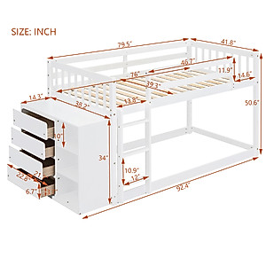 Harper & Bright Designs Twin Over Twin Bunk Bed with Storage, Wood Floor Bunk Beds with 4 Drawers and 3 Shelves, Low Bunk Bed, Twin Loft Bed for Kids, Girls Boys, Teens, Adults (White)