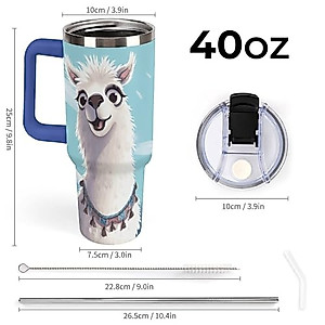 LLUTSNTH 40 Oz Vacuum Tumbler with Deep Blue Handle Leakproof Insulated Tumbler Llama Stainless Steel Travel Mug with Lid And Straw Coffee Cup Cute Water Bottles Cup Holder Friendly