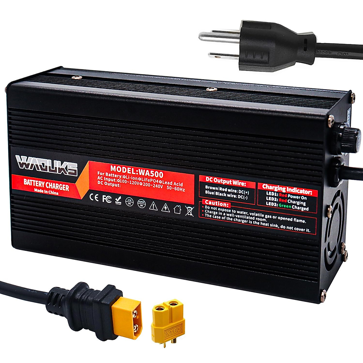 WAOUKS 50.4V 6A Charger 50.4V Lithium Battery Charger 44.4V Charger with Cooling Fan Aluminum Case Used for 12S 44.4V Lithium Battery Output XT60 Male Connector