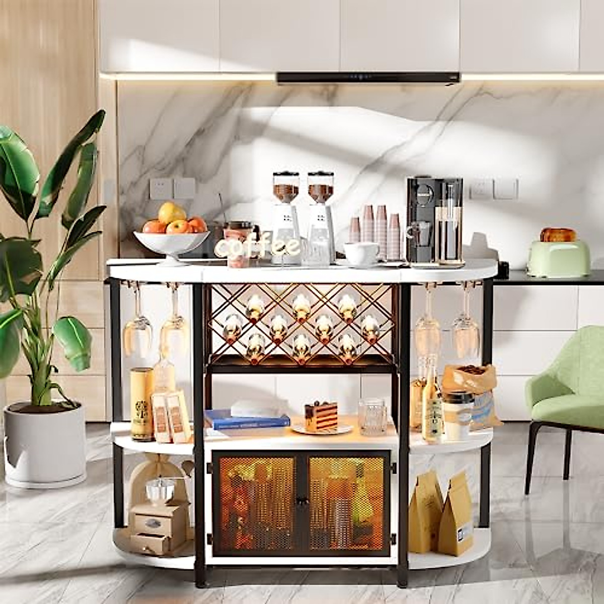 Unikito Bar Table with Double LED Lights and Power Outlet, Freestanding Wine Rack Table with Glass Holder, Home Mini Bar with Storage, Bar Cabinet for Liquor and Glasses for Kitchen Dining Room, White