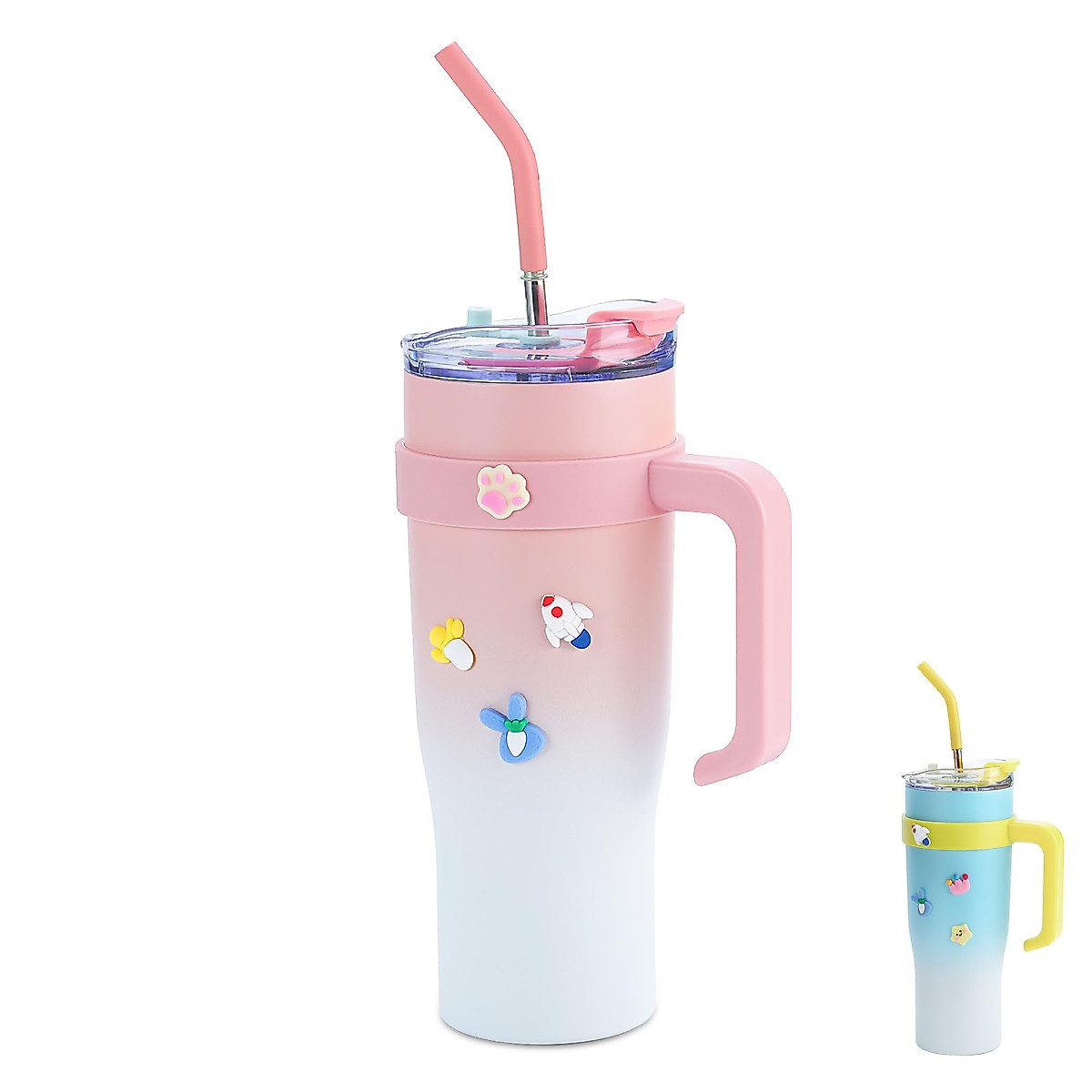 40 oz Tumbler with Handle and Straw Lid, Leak proof Travel Coffee Mugs, Pink Stainless Steel Insulated Tumblers, Water Cup with Handle, Keep Drinks Cold for 24 Hours, Dishwasher Safe, BPA Free