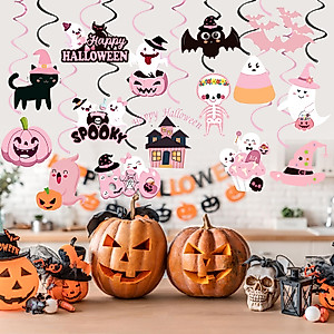 30Pcs Pink Halloween Birthday Party Hanging Swirls Decorations, Cute Pink Ghost Pumpkin Ceiling Hanging Streamers for Pink Halloween Themed Baby Shower Birthday Party Decorations