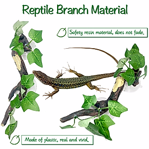Fhiny 2 PCS Reptile Corner Branch, Resin Climb Tree Branch Decor with Leaves Tank Accessories Terrarium Plant Ornament with Suction Cup for Snake Lizard Bearded Dragons Gecko Climbing