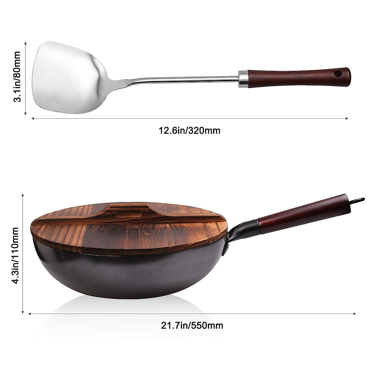 KYTD Carbon Steel Wok, Stir Fry Pan Flat Bottom Pan, Iron Wok with lid, for Electric Stove, Induction Cooker and Gas Stove(12.5 Inch)