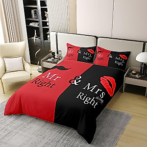 Mr Mrs Bedding 100% Cotton Set Black Red Creative Duvet Cover 100% Cotton Love Man Mustache Woman Lip Romance White Quote for Lover Couple Valentine Day Home Bedroom Decor Quilt Cover Queen Zipper