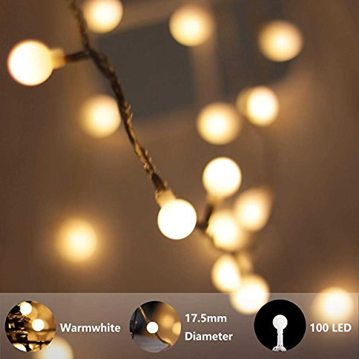 LED Globe String Lights, 100 LED Warm White Globe String Lights Plug in, Waterproof Globe Lights for Indoor and Outdoor, Ideal for Home, Wedding Party, Christmas, Balcony, 49ft Extendable Globe String