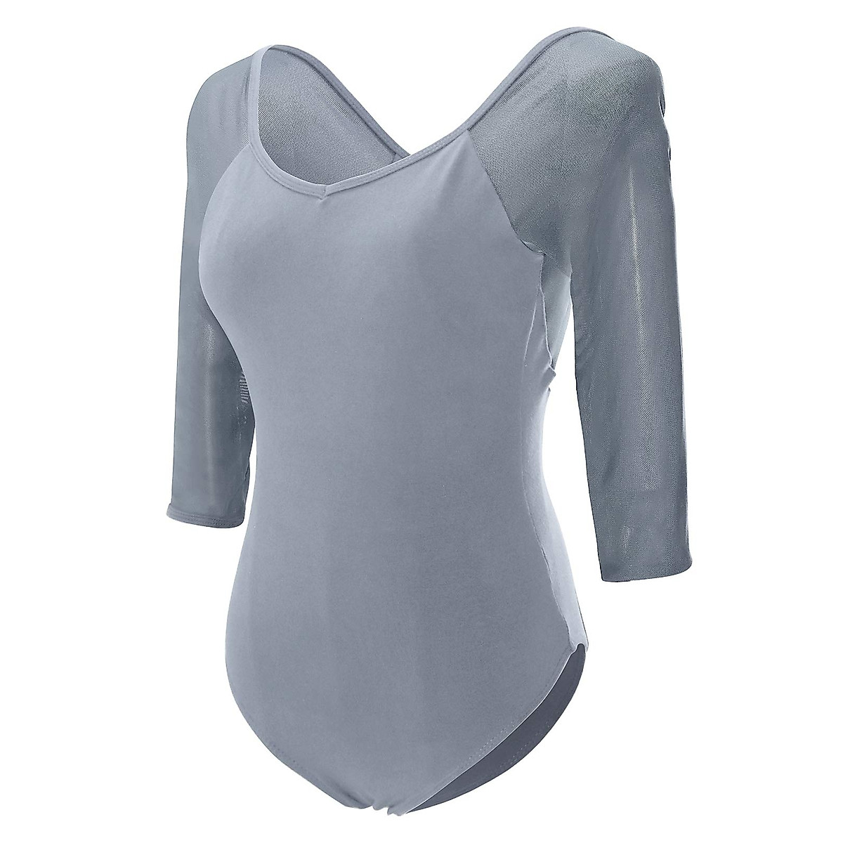 Cuulrite Ballet Dance Leotards for Women, Yoga Gymnastic Leotard Stretch Mesh Splice 34 Sleeve,Light Grey,Small