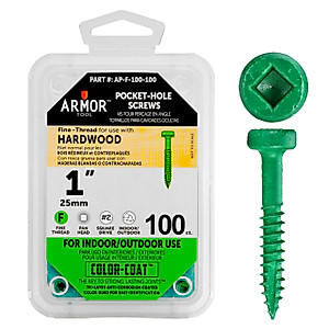 ARMOR TOOL Pocket Hole Screws - 1" Fine Thread Screws 100 Piece with Green Color Coat & Square Drive - AP-F-100-100
