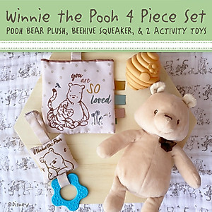 KIDS PREFERRED Classic Pooh 4 Piece Set with Pooh Stuffed Animal, Squeaker Toy, Crinkle Square, and Teether