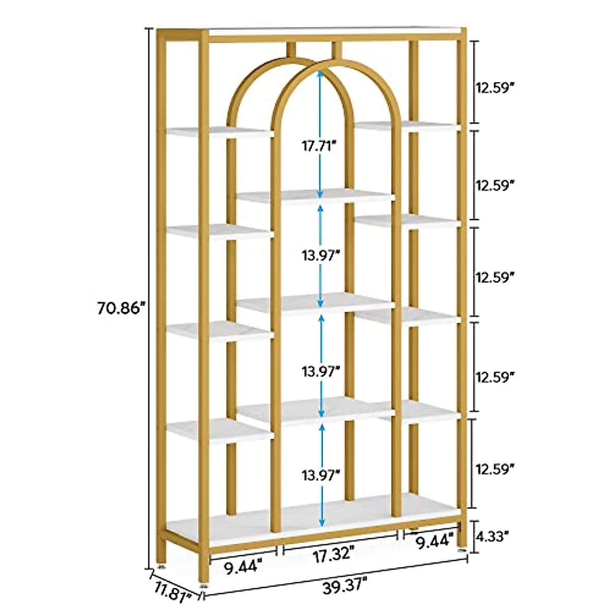Tribesigns 5-Tier Bookshelf, Modern Tall Bookcase Book Shelf Organizer Freestanding Open Display Shelves for Bedroom Living Room Home Office, 70.8" H x 39.4" L, White/Gold