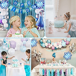 Frozen Birthday Party Supplies, Frozen Party Decorations 82 PCS Include Frozen Backdrop Snowflake Balloon Garland Arch Kit, Elsa, Anna and Olaf Foil Balloon and Happy Birthday Banner for Kids Birthday