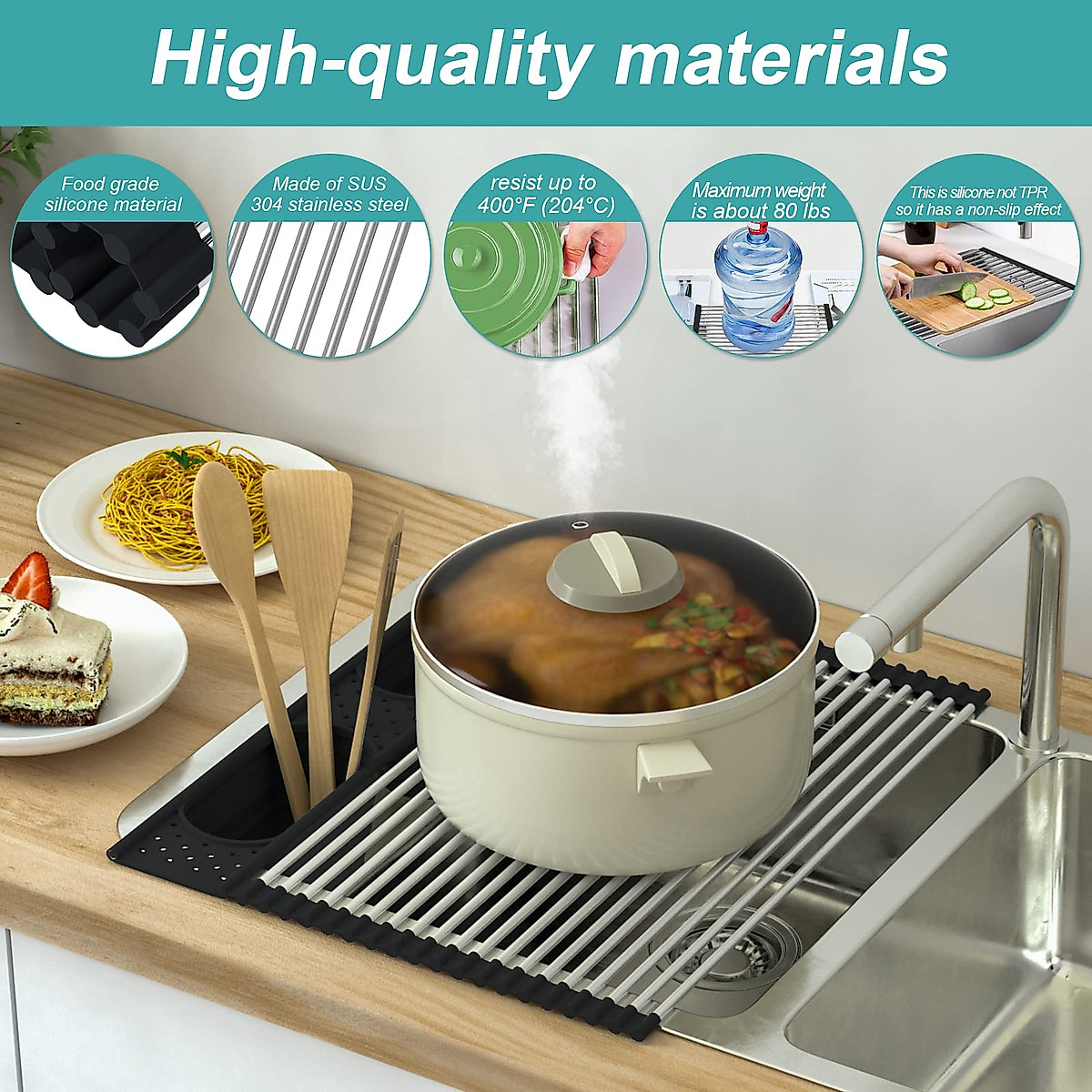 AIANDE Roll Up Dish Drying Rack Sink Drying Rack Over The Sink Dish Drying Rack Sink Topper Foldable Sink Cover Collapsible Dish Drying Rack for Kitchen Anti-Slip Silicone and SUS304 Material