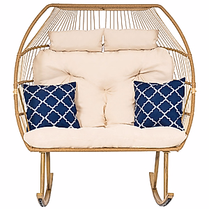 Sundale Outdoor Egg Chair, Rocking Double Egg Chair Outdoor Indoor, 2 Person Egg Loveseat Chair for Patio Balcony Porch Backyard (Beige)