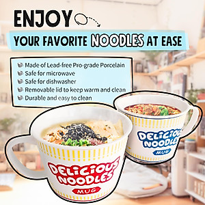 Sophie & Panda Porcelain Instant Noodle Bowl Mug With Handle 34 Oz - A Must-Have Accessory For Anyone Who Loves Asian Noodles - One Novelty 5.5” X 4.5” Ramen Bowl with Lid (Red)