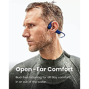 Shokz OpenSwim - Bone Conduction MP3 Waterproof Headphones for Swimming - Open-Ear Wireless Headphones, with Nose Clip and Earplug (Blue)