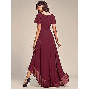 Ever-Pretty Women's Elegant V Neck Ruffle Sleeve Lotus Leaf High Low Summer Chiffon Evening Gown Burgundy US6