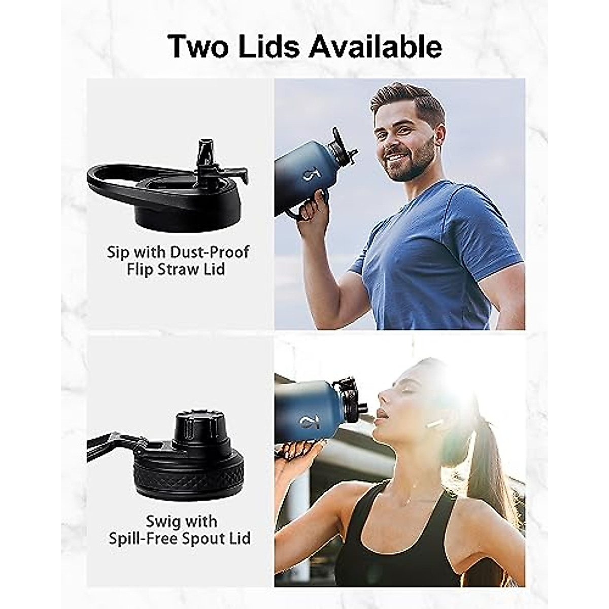 Trebo 64 oz Water Bottle Insulated with Handle, Half Gallon Stainless Steel Metal Large Jug,Travel Flask with Straw Spout Lid,Mug Tumbler Cup with Carry Pouch,Keep Cold Hot, Indigo Black