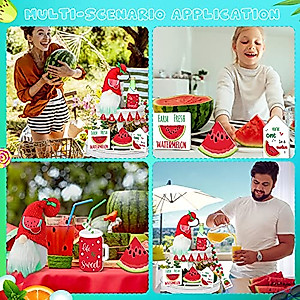 11 Pieces Watermelon Tiered Tray Decor Watermelon Wooden Kitchen Signs Watermelon Gnome Banner Beaded Garland Decor Set My Happy Summer Decor for Summer Fall Rustic Decor (Red)