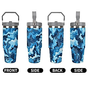 WITHSBKK 30oz Car Cup Blue Camouflage Pattern Printed with Portable, Stainless Steel Travel Mug, Vacuum Insulated Tumbler And Straw, Leakproof for Car & Outdoor, UV Printed Design
