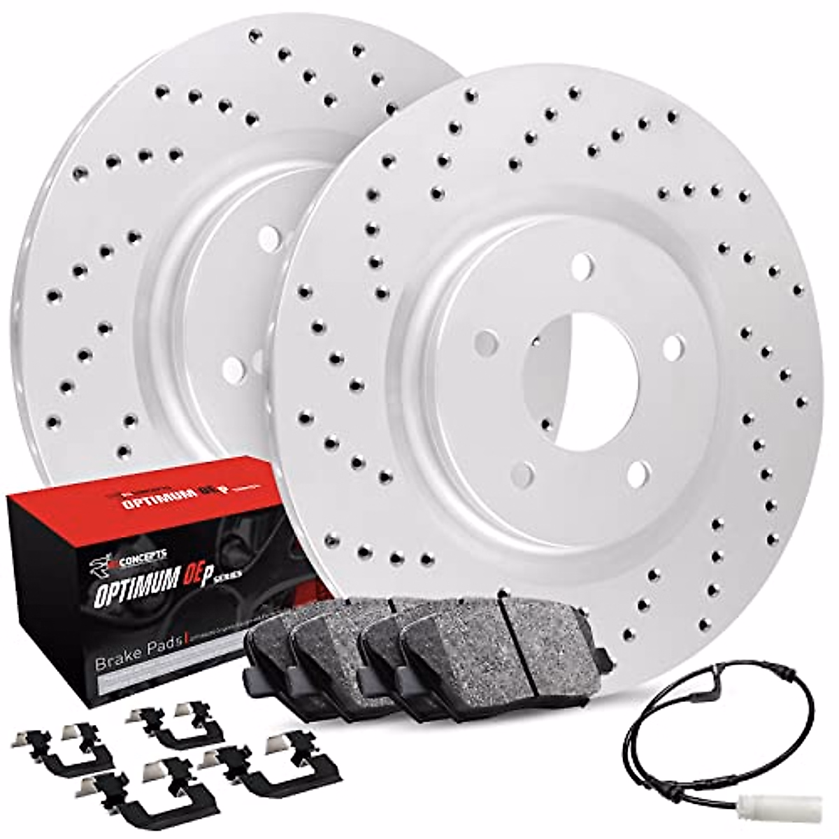 R1 Concepts Front Brakes and Rotors Kit |Front Brake Pads| Brake Rotors and Pads| Optimum OEp Brake Pads and Rotors |Hardware and Sensor Kit |fits 2011-2016 BMW 528i, 2012-2016 BMW 528i xDrive