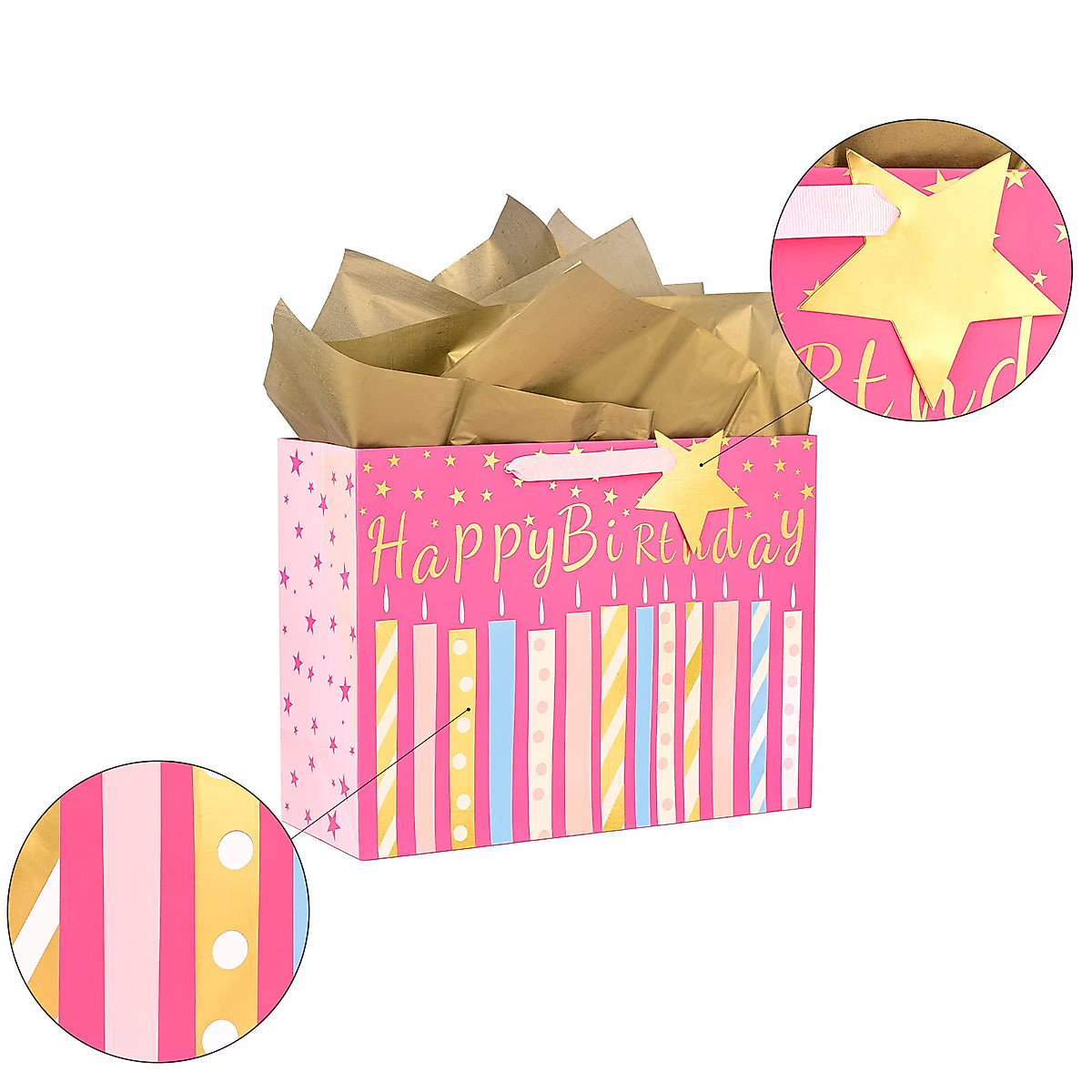 MAYPLUSS 16" Birthday Large Gift Bag with Greeting Card and Tissue Paper for Birhtday - Pink Gold Foil Candle Design