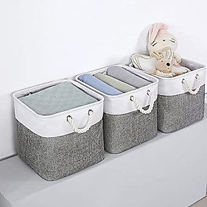 Cozyaver Storage Baskets for Shelves, 13x 13x 13 inch Fabric Cube Organizing Closet Nursery Toy Decorative Linen Organizers with Cotton Handles, 3 Pack White and Grey