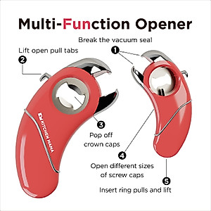 Kitchen Mama Epic One Multifunction Opener: A Pick Ergonomic Opener- Magnetic Bottle Opener, Beer & Soda Can Opener, Pull Tab & Jar Opener for Weak Hands and Arthritis (Red)