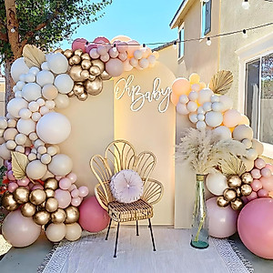 Dusty Pink Beige Gold Boho Balloon Garland Arch Kit, Neutral Blush Nude Tan Champagne Gold Double Stuffed Balloon Arch Kit for Women Birthday Wedding Baby Bridal Shower Engagement Party Decorations