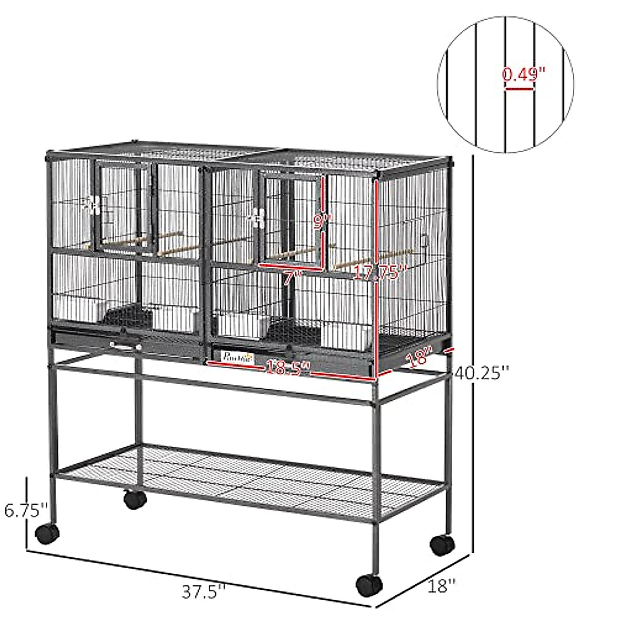 PawHut Divided Breeder Bird Cage with Rolling Stand Removable Metal Tray, Storage Shelf, Wood Perch, and Food Container
