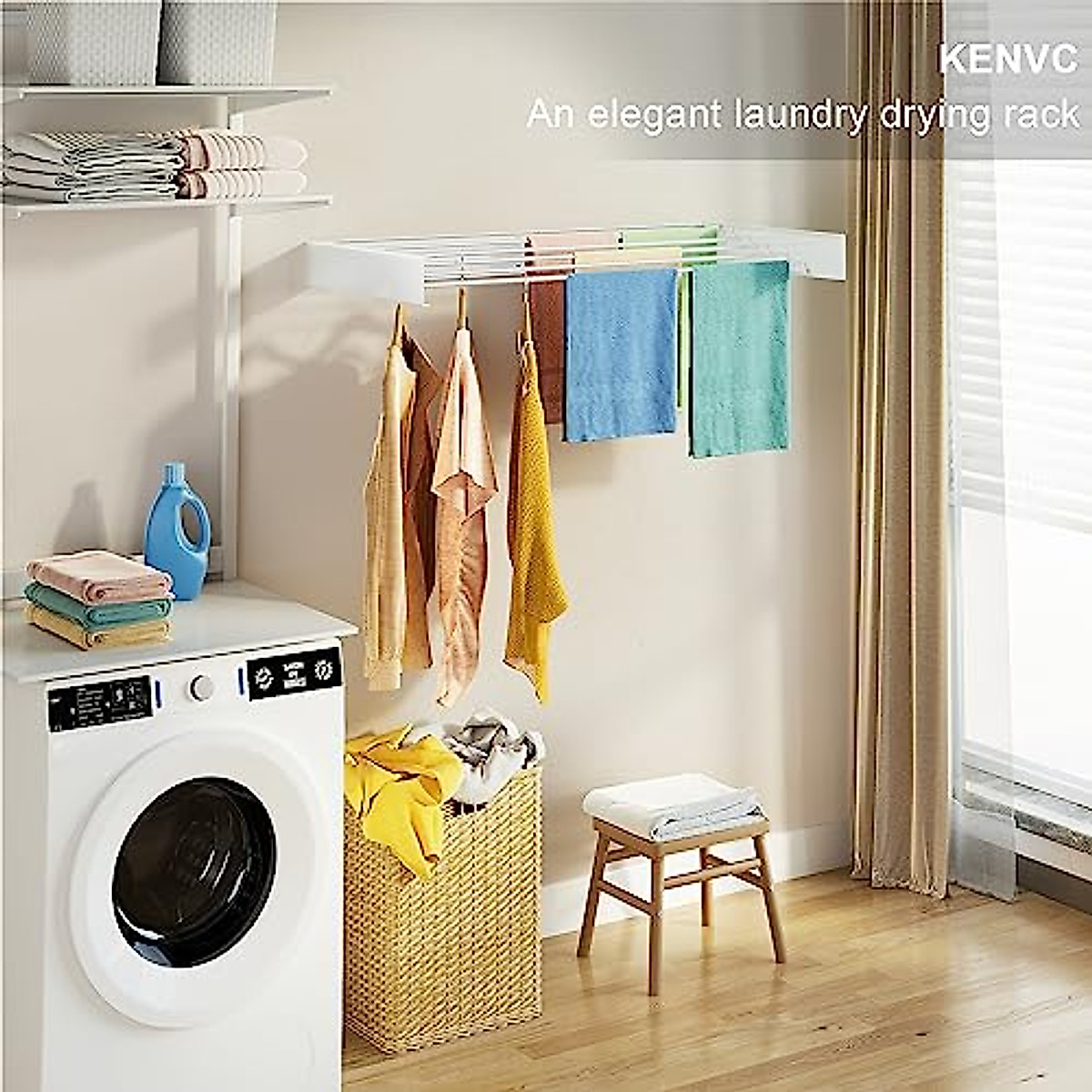 Laundry Drying Rack Collapsible, Wall Mounted, Clothes Drying Rack, 31.4" Wide, 13.2 Linear Ft, 5 Aluminum Rods, 60 lb Capacity, with Wall Template, Screwdriver Bit, Drill Bit ( White 31.4" Medium )