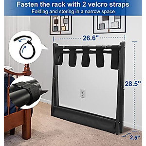 Queension Folding Luggage Rack Stand with Shelf for Guest Room, Foldable Metal Suitcase Storage Caddy Holder for Bedroom Hotel Essentials, Black, 1pack