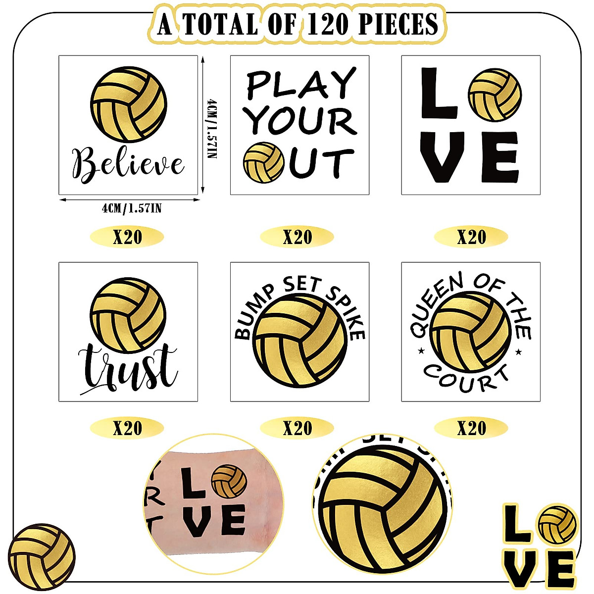 WILLBOND 120 Pcs Volleyball Temporary Tattoos for Team Volleyball Team Gift Sports Face Tattoos Waterproof Body Stickers Gold Tattoo for Fans Team Party Favor Supplies, 6 Styles