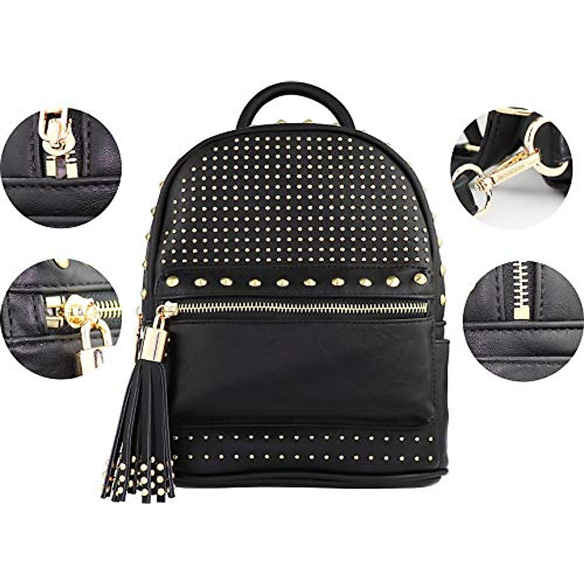 B BRENTANO Vegan Studded Multi-Zipper Top Handle Mini Backpack with Tassel Accents (Studded Black)