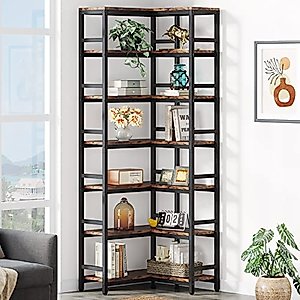 Tribesigns 78.74” Tall Corner Bookshelf, 7 Tier Industrial Corner Etagere Bookcase, 7-Shelf Corner Display Unit Shelves for Living Room Home Office, Rustic Brown